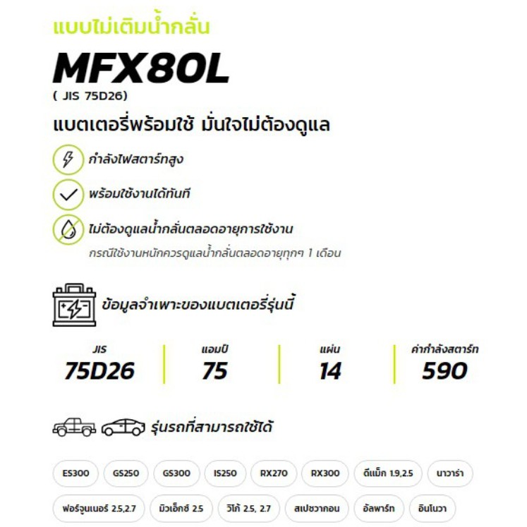 แบตเตอรี่รถยนต์ (กึ่งแห้ง) GS 75 แอมป์ รุ่น MFX-80L (75D26L) สำหรับ รถ ...