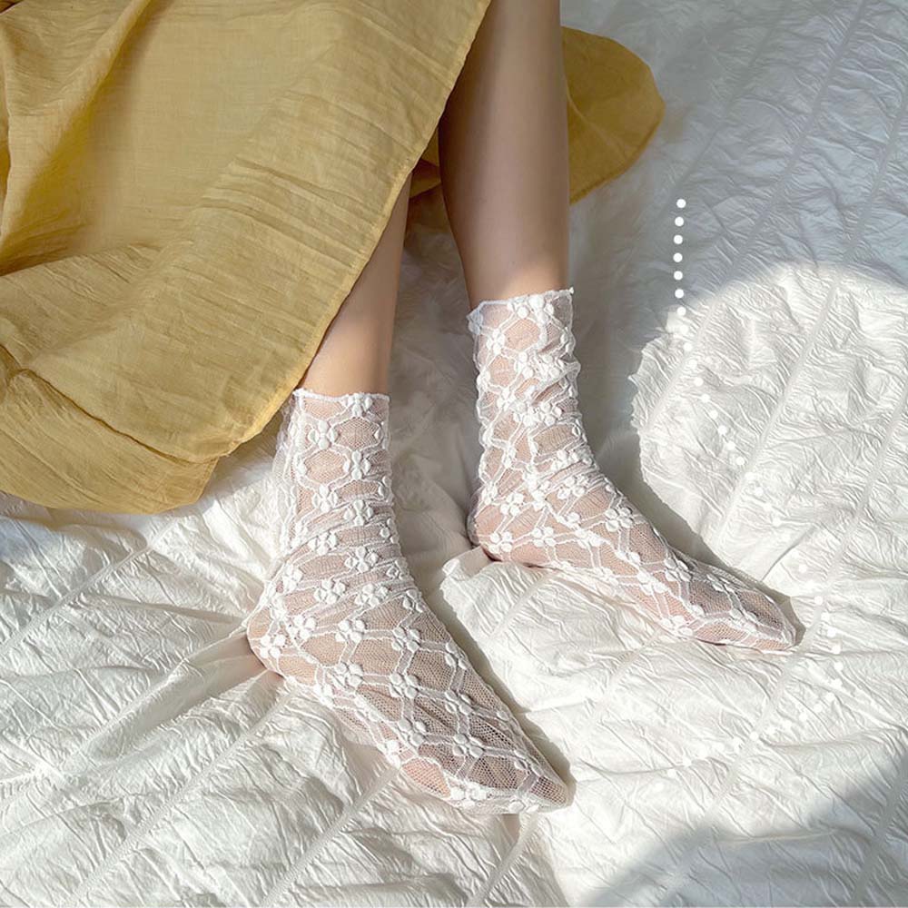 QQMALL Cute Mesh Socks Women Net Yarn Pile Socks Bubble Flower Lace ...