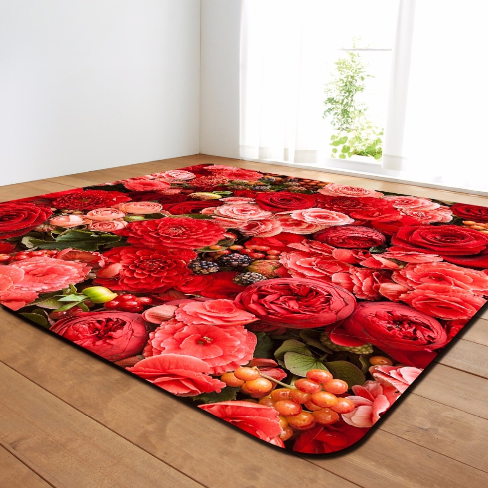 3D Romantic Rose Area Rugs Big Parlor Carpets Mat Soft Flannel ...