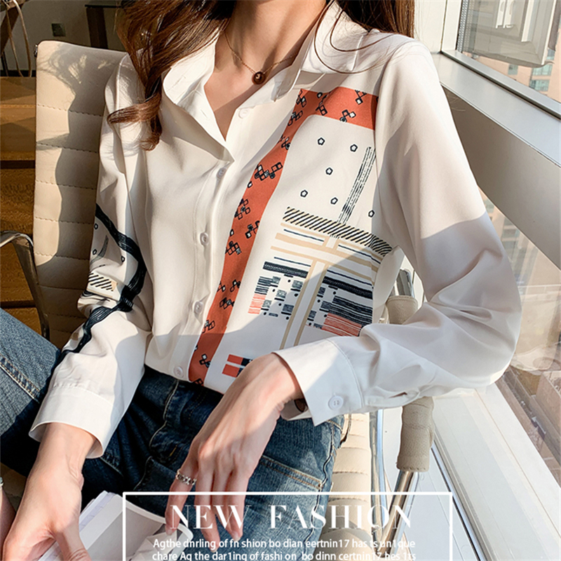 เสื้อเชิ้ตแขนยาวผ้าชีฟองพิมพ์ลายแฟชั่นสไตล์เกาหลีสําหรับผู้หญิง ...