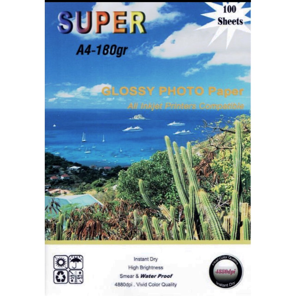 SUPER Glossy Photo กระดาษโฟโต้เนื้อมันเงา(กันน้ำ) A4 130g.135g.160g.180g.210g.230g. 100แผ่น NEW ...