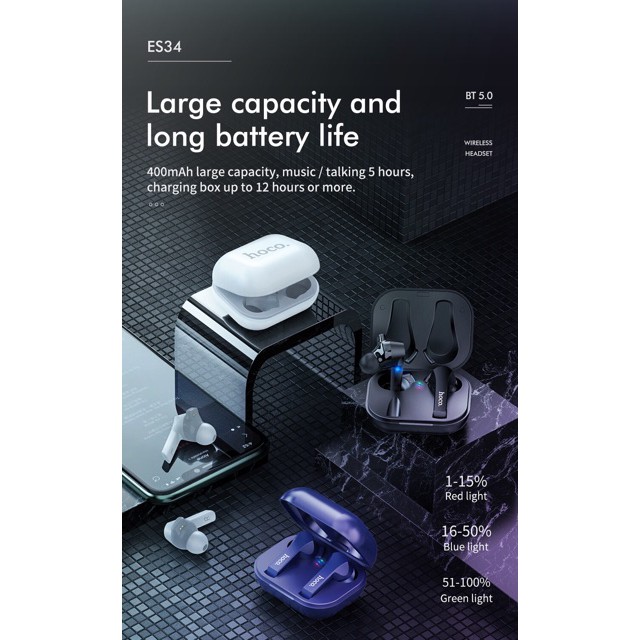 HOCO ES34 TWS Bluetooth 5.0 หูฟัง 3D ชุดหูฟังสเตอริโอ TOUCH หูฟังไร้สาย ...