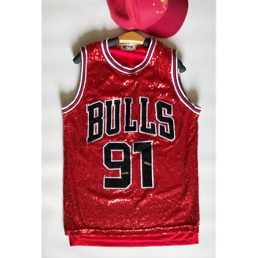 เสื้อกีฬาบาสเก็ตบอล Bulls 91 ปักเลื่อม สีแดง | Shopee Thailand