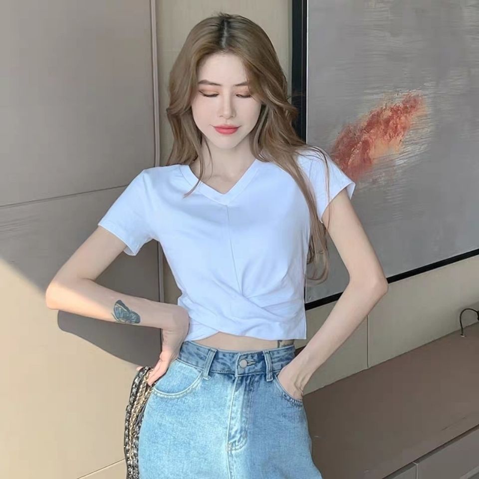 Yigui เสื้อยืดแขนสั้น เอวสูง เข้ารูป เข้ากับทุกการแต่งกาย แฟชั่นฤดูร้อน ...