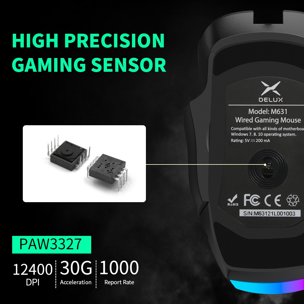 Delux M631 Wired MMO Gaming Mouse RGB Backlit 9 Side Buttons High ...