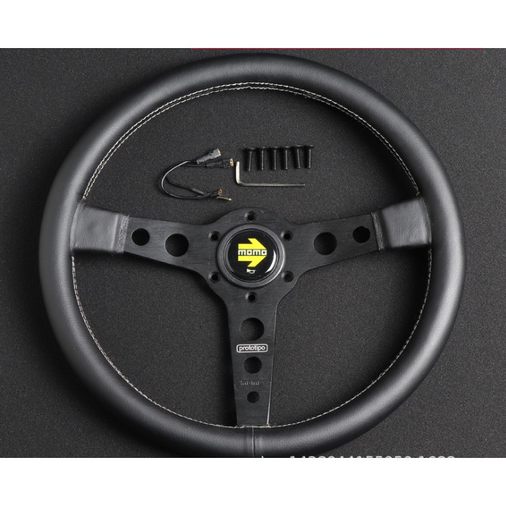 350mm/14in for MOMO Prototipo Style 6-Bolt Black Leather Racing Steering Wheel Gray Stitching ...