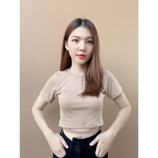 ส่งฟรีทั้งร้านเก็บโค้ดหน้าร้าน เสื้อครอปแขนสั้นผูกเอว ผ้าร่องเกรดดี ...