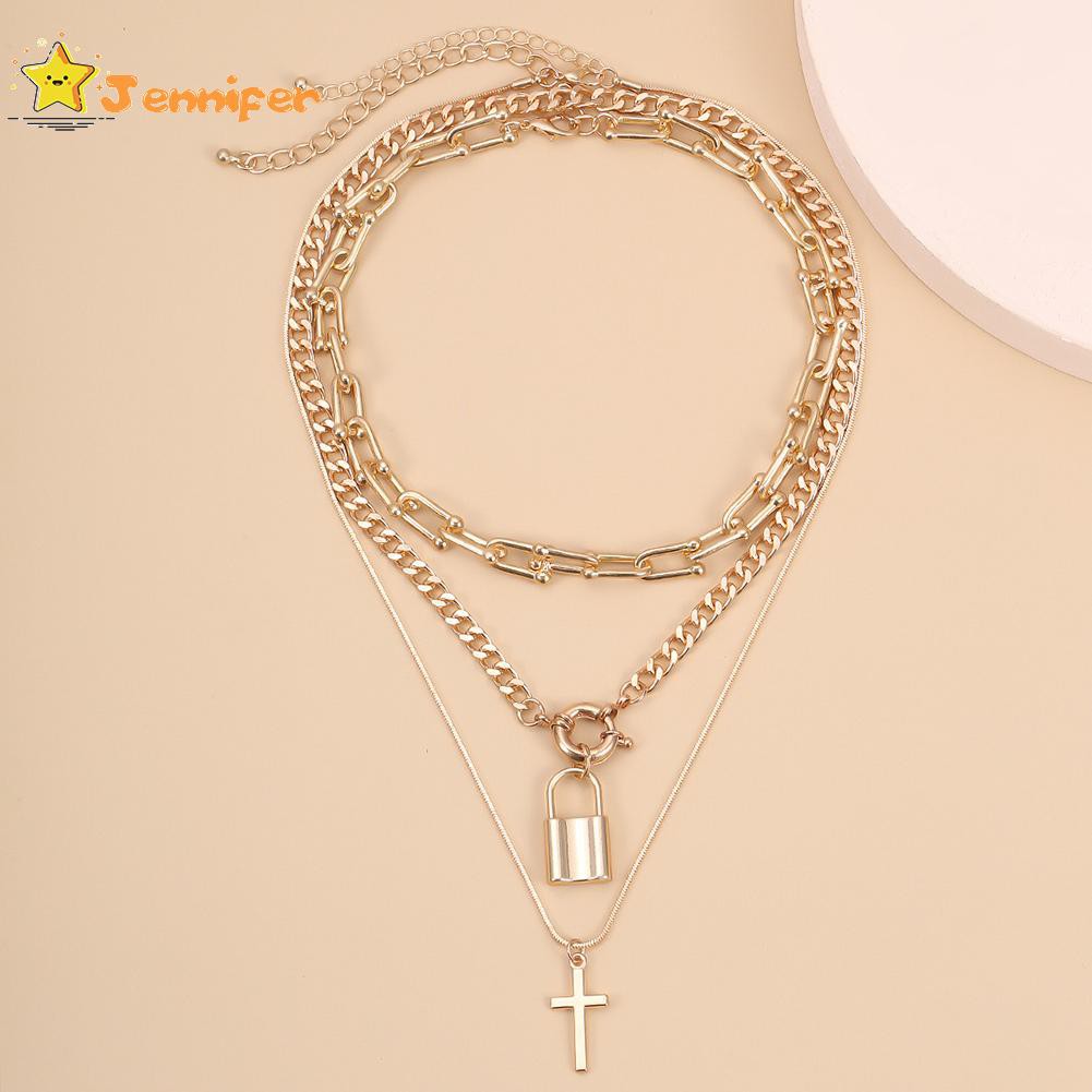 New Lock Shape Cross Pendant Necklace Women Multilayer Punk Neck Choker ...