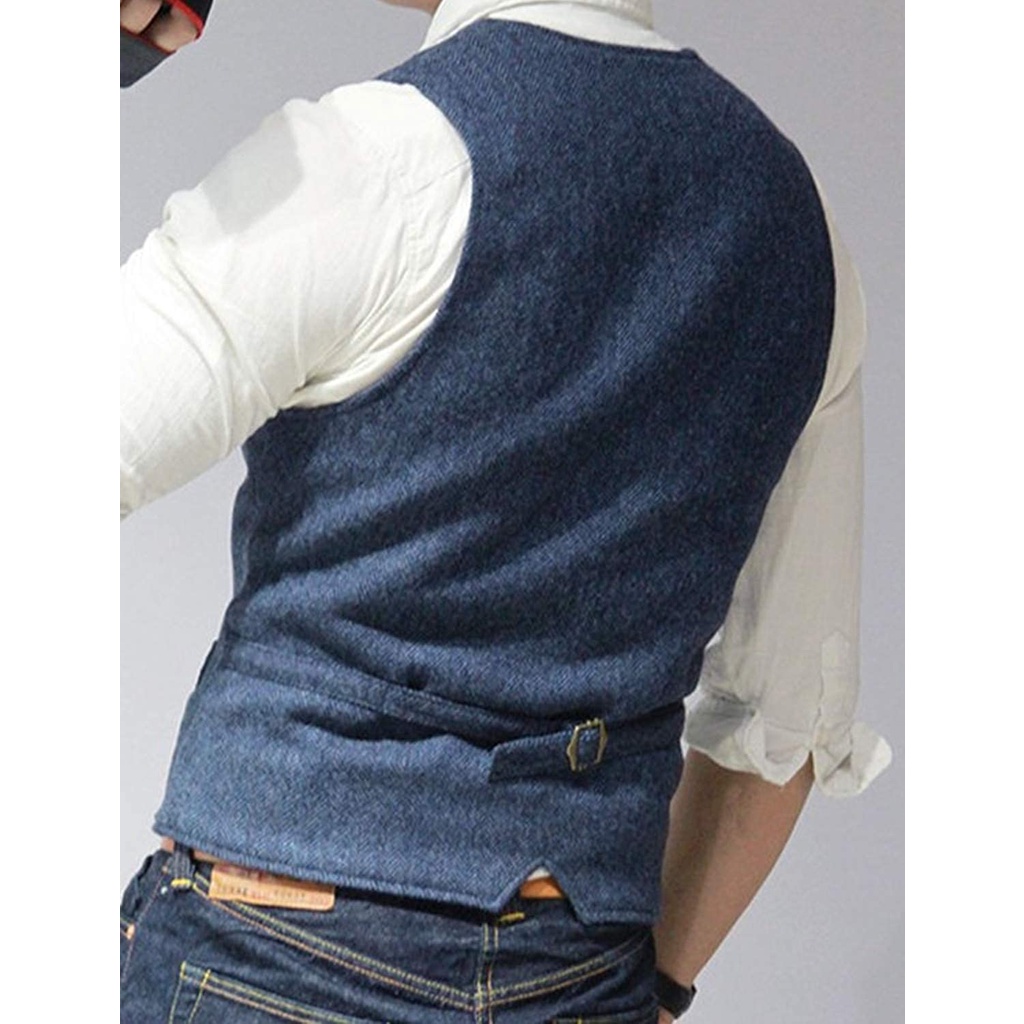 Mens Casual Classic Suit Vest V Neck Herringbone Tweed Slim Fit