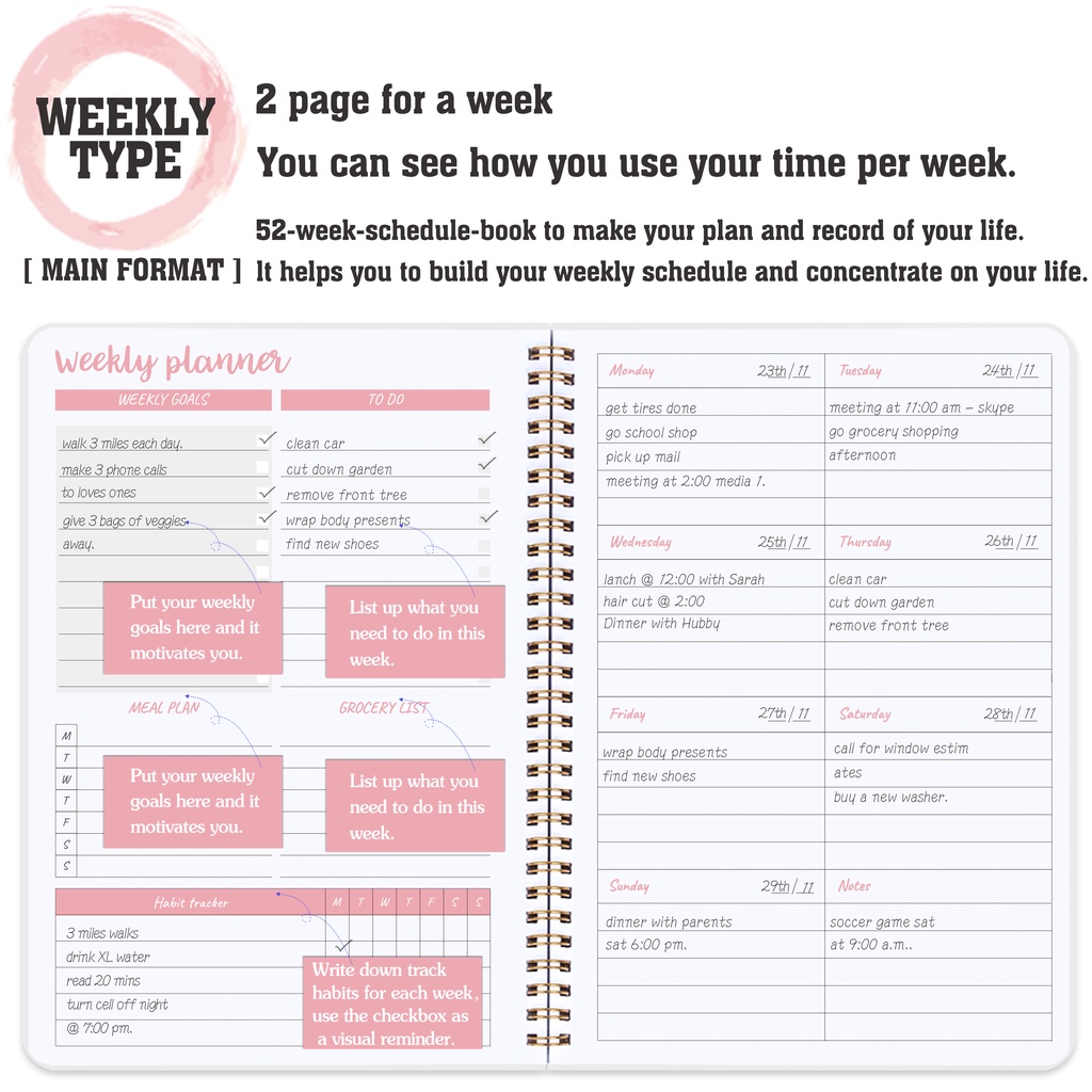 A5 Daily Weekly Planner Undated Spiral Agenda Notebook Flexible Cover ...