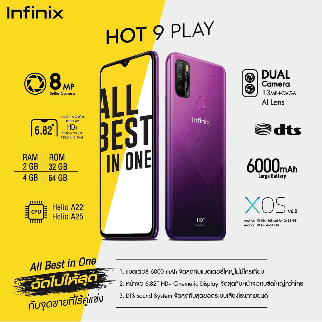 Infinix Hot 9 Play (4+64GB) จอใหญ่ 6.82" แบตใหญ่ 6,000 mAh (เครื่อง ...