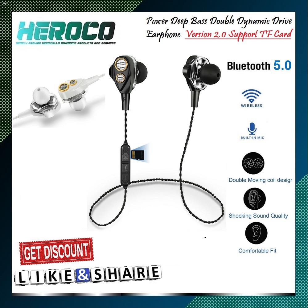 Double Dynamic Bluetooth Earphone Dual Driver with Mic Bass Headset In ...