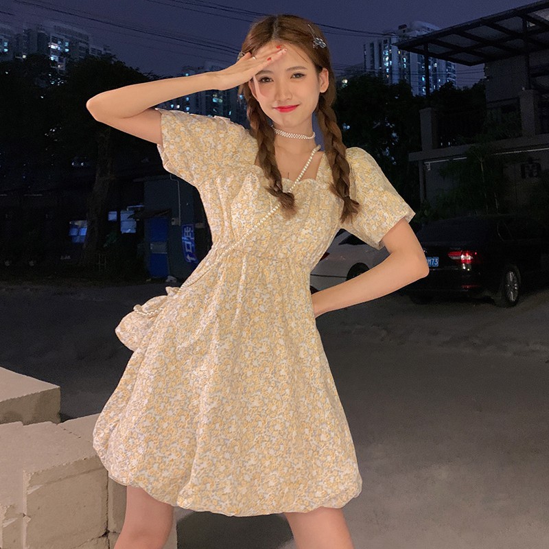 ☍Floral Skirt Puff Sleeve Dress Women s Summer 2021 New Style Small ...