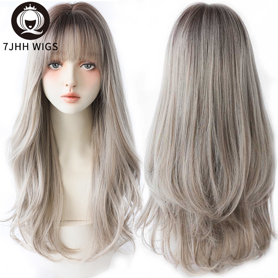 7JHH WIGS Long Wavy Curly Omber Gray White Hair Highlights Synthetic ...