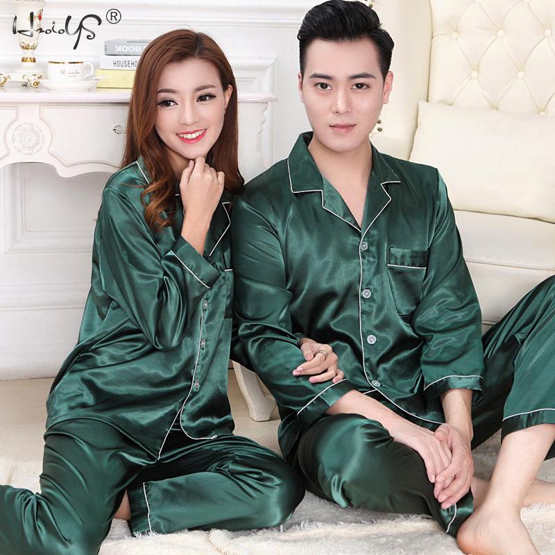 ชุดนอน ชุดนอนคู่รัก New Couple Sleepwear Silk Satin Pajamas Set Long ...