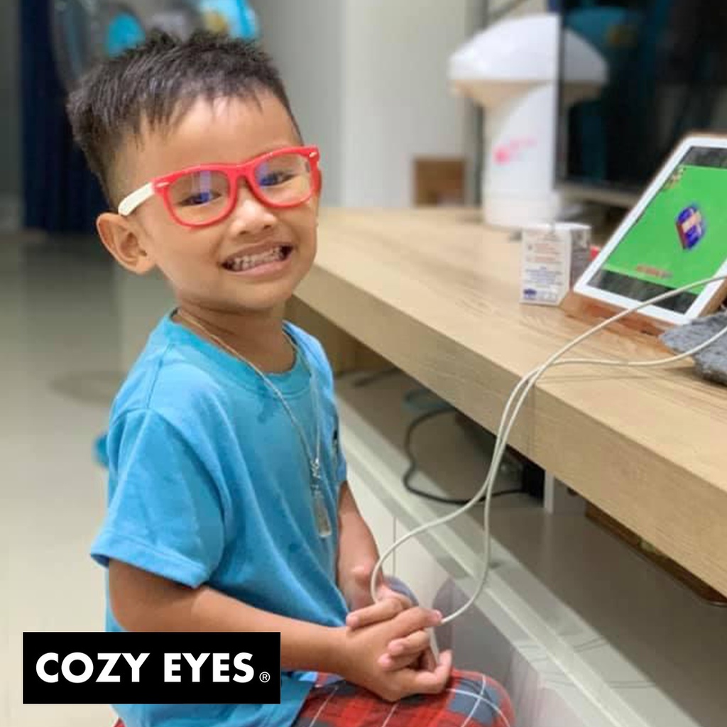 แว่นกรองแสงฟ้า COZY EYES กรอบแดง ขาขาว สำหรับเด็ก 6-15 ปี รุ่น Premium ...