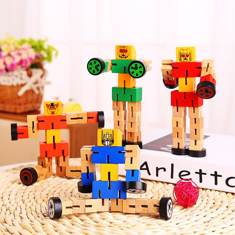 หม้อแปลงKids Wooden Transformation Robot Building Blocks Toys For ...