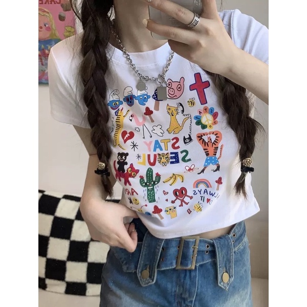 Fun cartoon print crop top เสื้อยืดแขนสั้น สไตล์ Y2K เสื้อครอป ลายน้อง ...