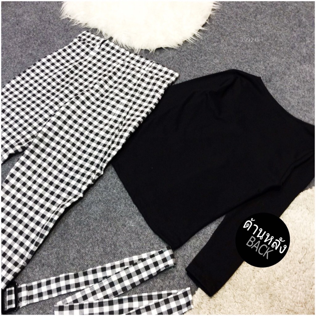 J7992 Set 2 ชิ้น เสื้อคอกว้าง แขนยาว + กางเกง ลายสก็อต + เข็มขัด ...