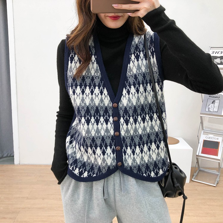 R etro R hombus สีจับคู่ถักเสื้อกั๊กสำหรับผู้หญิง2020ฤดูใบไม้ร่วงและฤดู ...