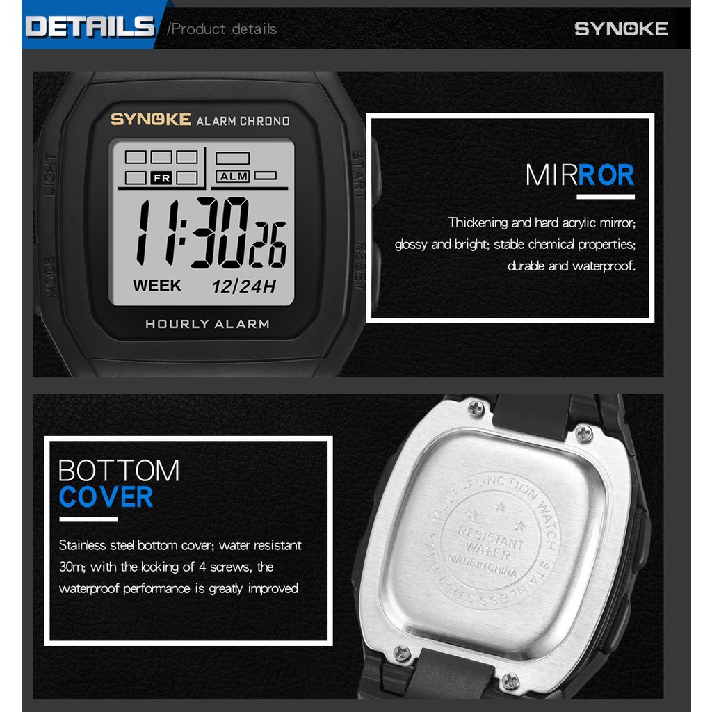 SYNOKE นาฬิกาผู้ชายLEDแสดงผลจับเวลา1224ชั่วโมงนาฬิกากีฬาดิจิตอล ...