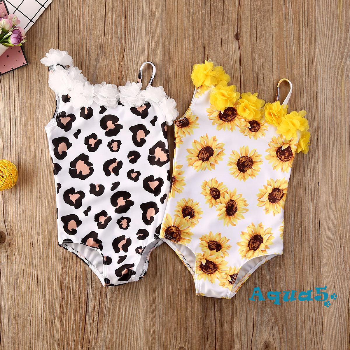 AQQ-Baby Girls Summer One-piece Swimsuit Sunflower/Leopard Print Ruffle ...