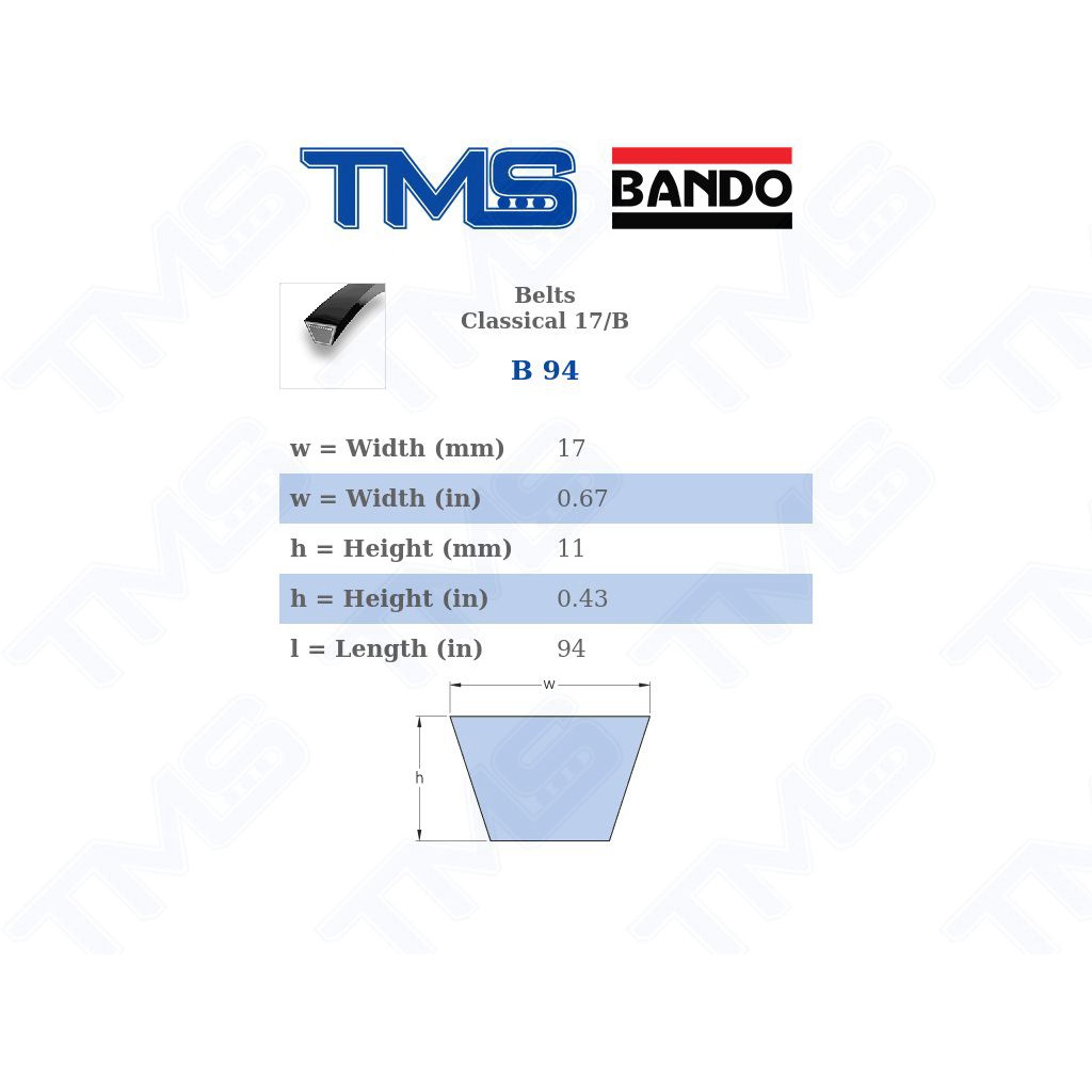B 94 Bando สายพาน แบนโด ร่อง วี ซีรี่ย์ B V-Belt B94 (94inch x 11mm x ...