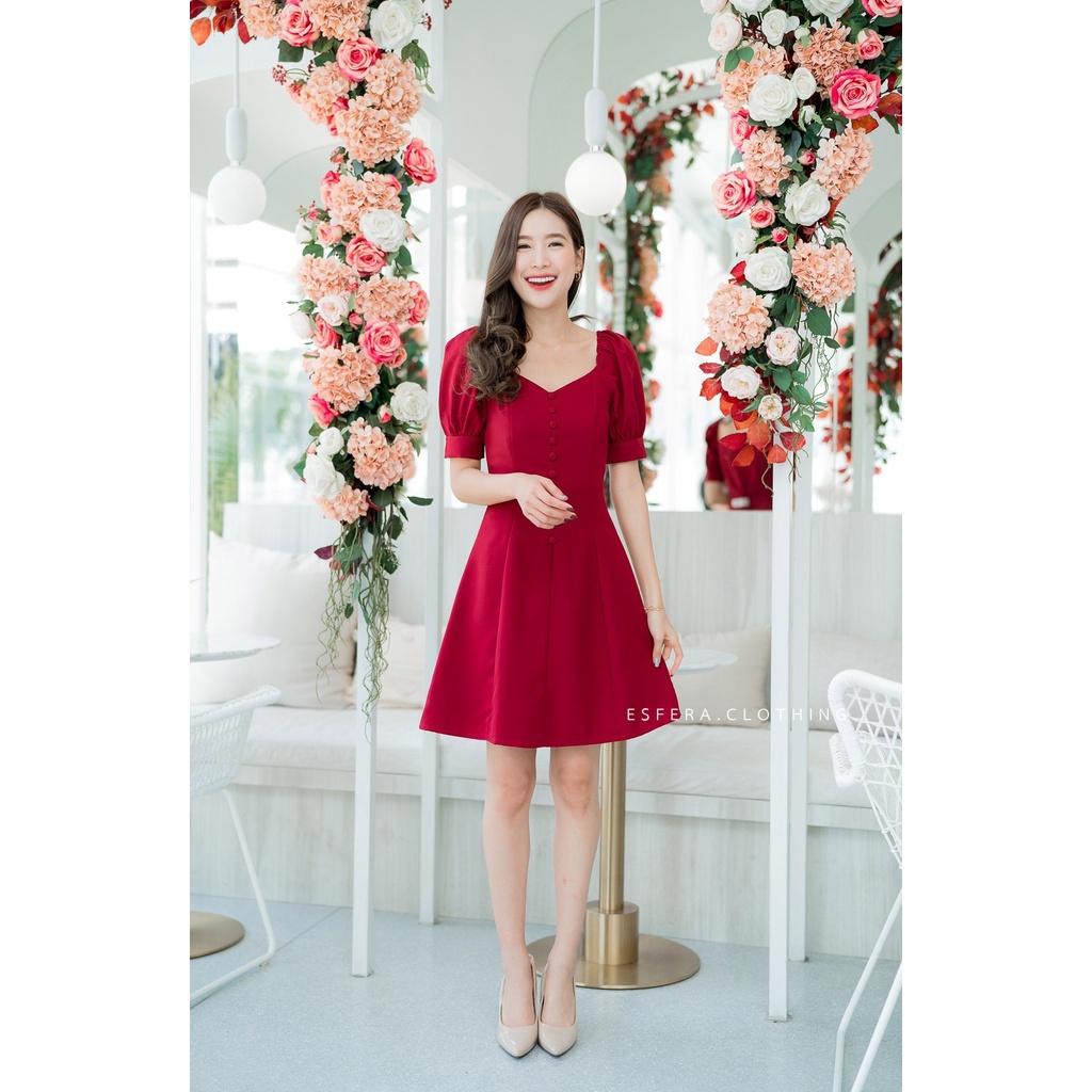 เดรสออกงาน เดรสทำงานเดรสผ้าเปเป้เนื้อผ้าดี คอแต่งหยัก แขนป่องทรงตุ๊กตา จั๊มไหล่ DR039-2 ...