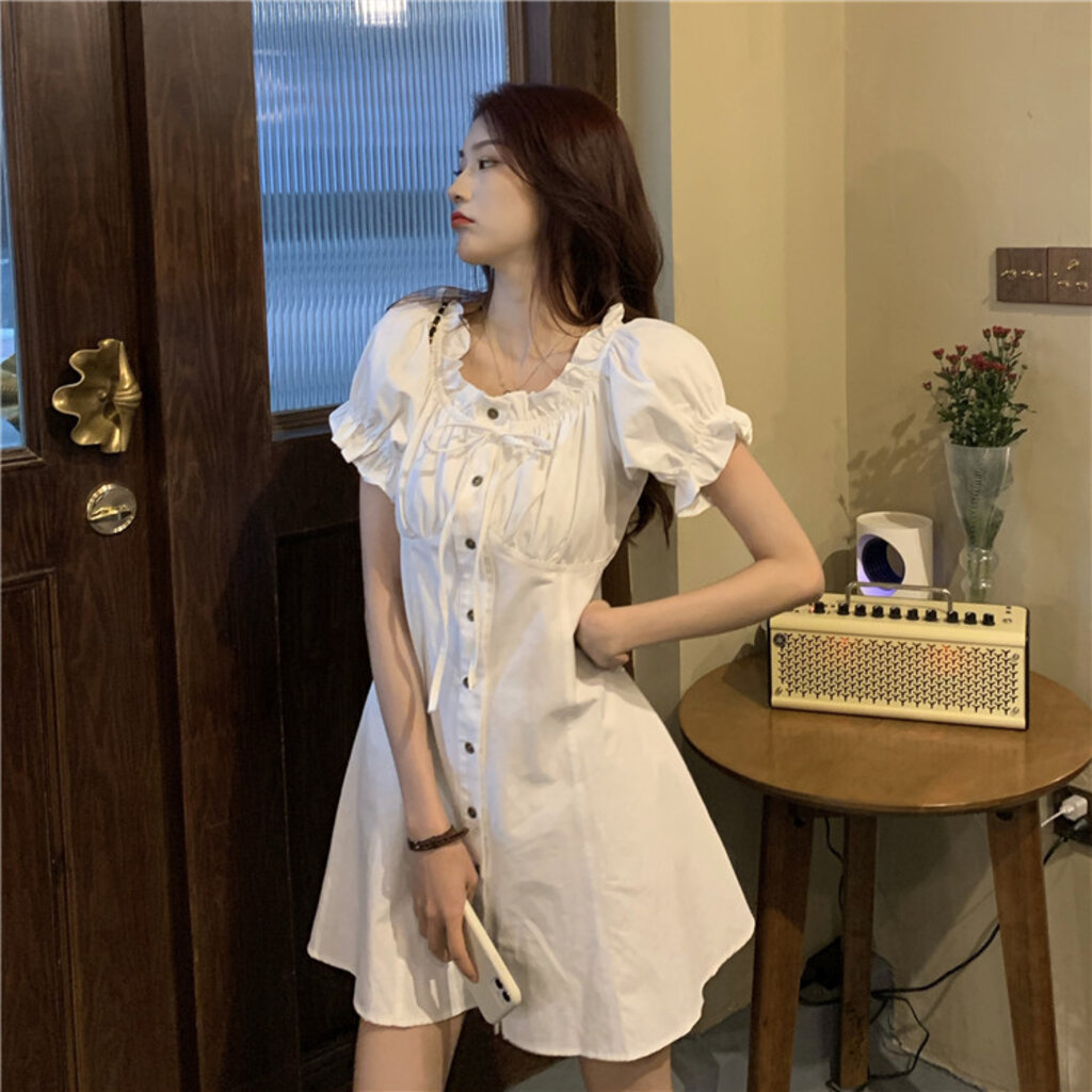 พร้อมส่ง Piki white dress เดรสแขนสั้นสีขาวงานสวย (IN34369 ...