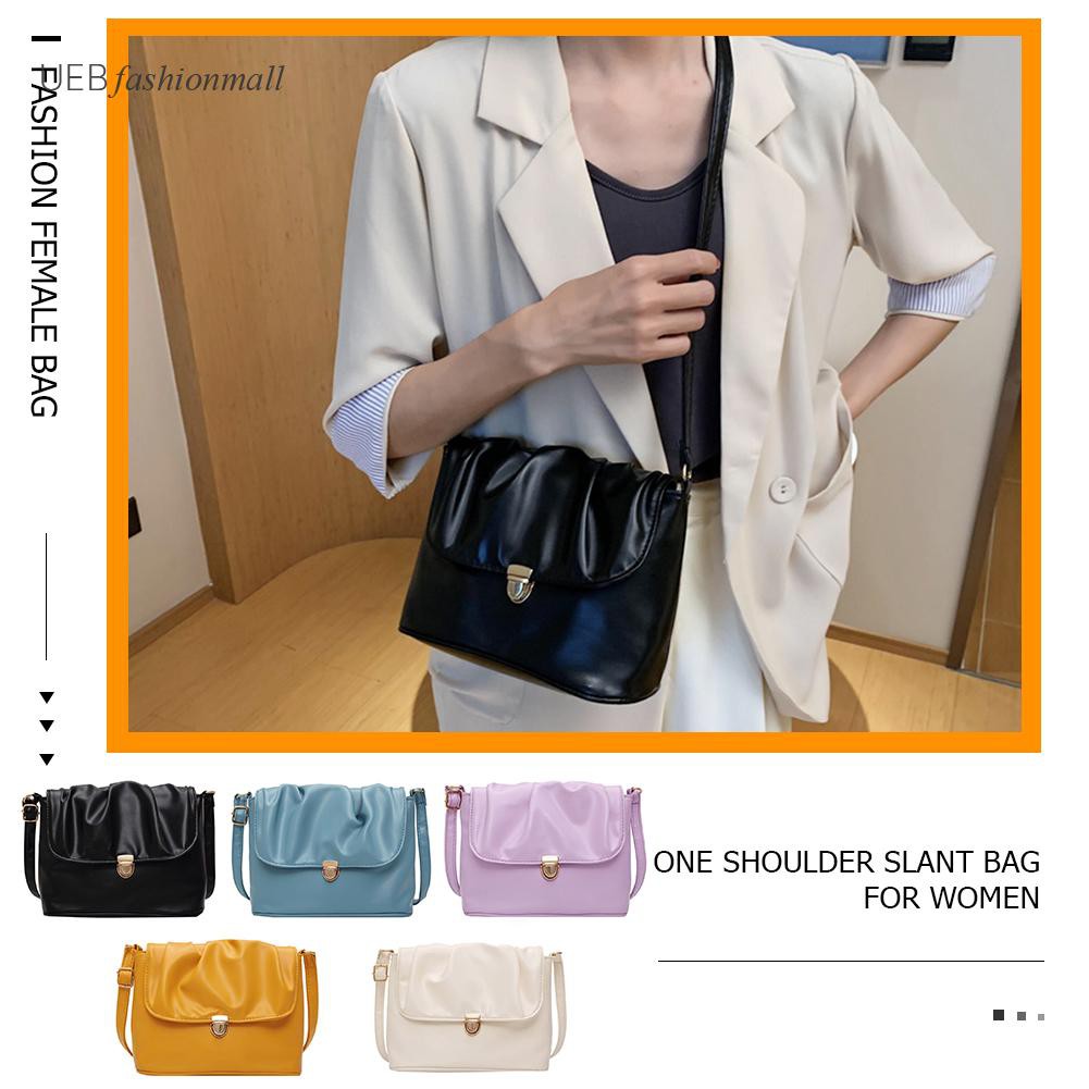 Fashion Bag Women Solid Color PU Shoulder Bag Pleated Lady Flap Satchel ...