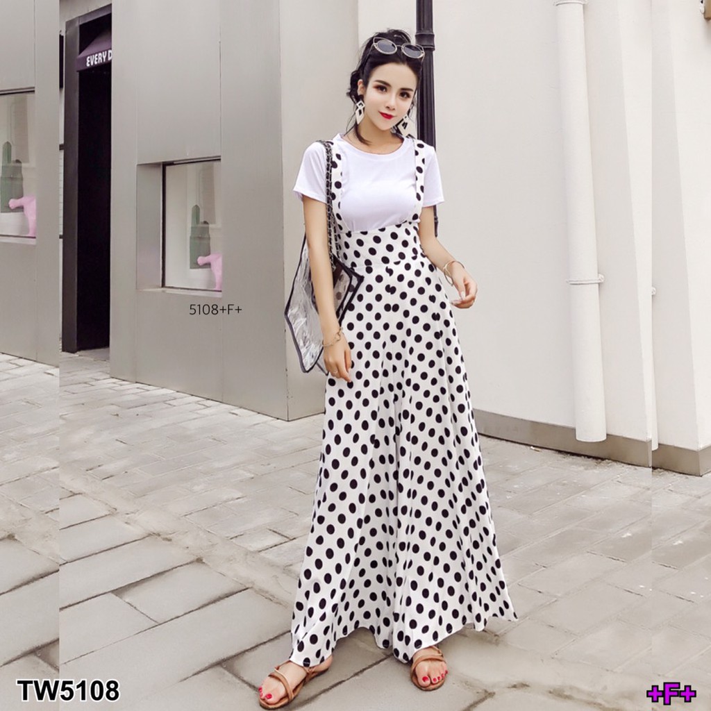 AK 5108 Set เสื้อยืดสีขาว + เอี๊ยมกางเกงลายจุด Polka Dot ...