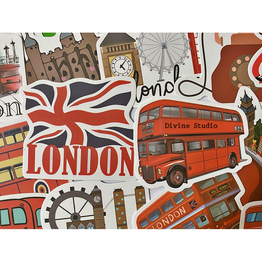 พร้อมส่ง สติ๊กเกอร์ 50 ชิ้น London Bus Sticker Set PVC กันน้ำ เคลือบ ...
