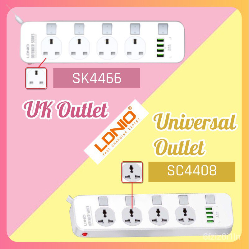 2021ORIGINAL LDNIO SC 4408 Power Strip 4 Socket & USB Output 3.4A 2m UK ...