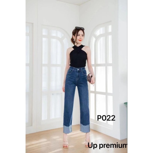 P022กางเกงยีนส์แฟชั่น(ผ้ายืด)ทรงกระบอกปายขาพับเก๋ๆแบบเรียบๆแมทง่ายเข้า ...