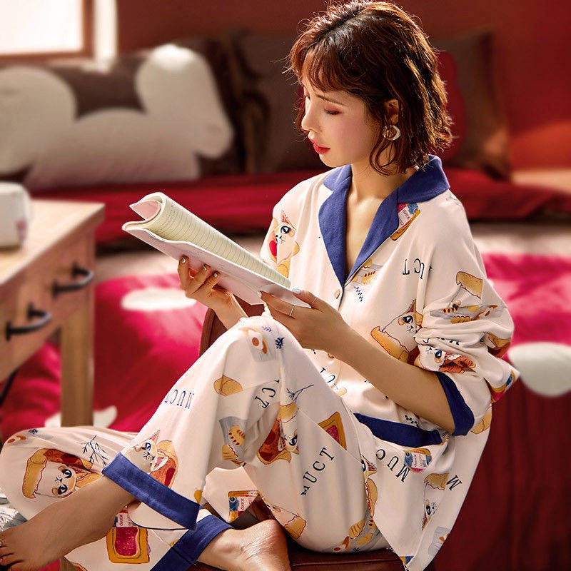 ชุดนอน ชุดนอนด้าย Star Same Style Pajamas Womens Autumn Long Sleeved