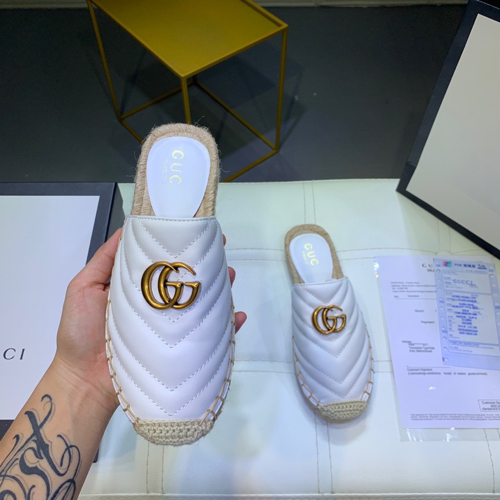 GUCCI classic logo quilted leather double GG straw thick - soled ...