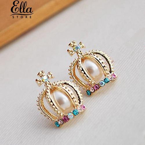 Graceful Princess Crown Cross Rhinestone Faux Pearls Ear Stud ...
