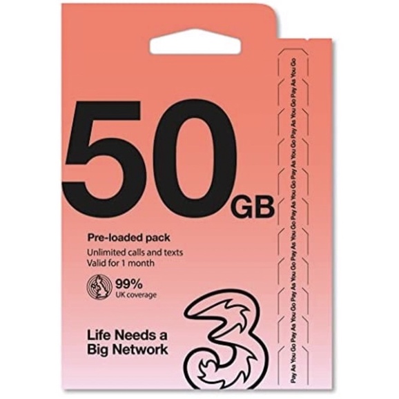 Europe sim card Three UK3 Pay As You Go ซิมยุโรป ทรี 8GB 25GB 50GB with ...