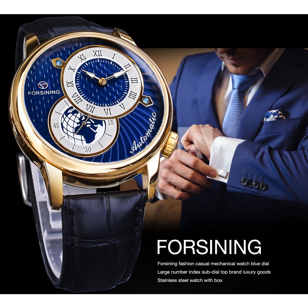 Forsining Hemisphere นาฬิกาข้อมืออัตโนมัติ สายหนังวัวแท้ หน้าปัดเรืองแสง กันน้ํา สีฟ้า สีดํา ...