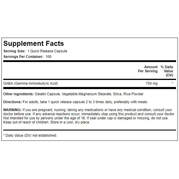 GABA 750 mg 100 Quick Release Capsules กาบา 750 มก. 100 แคปซูล - usa.vitamins - ThaiPick
