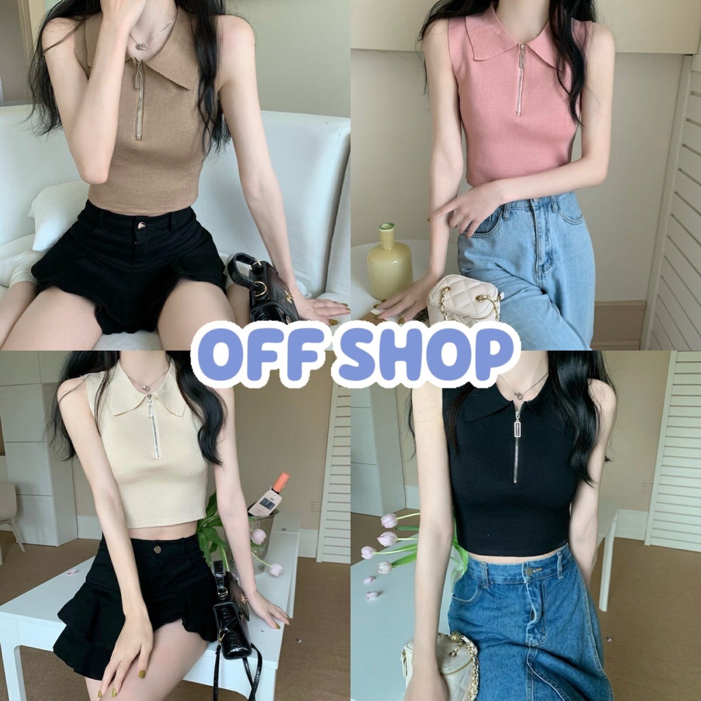 OFF SHOP พร้อมส่ง (OFF-J122) เสื้อไหมพรมคอปก แขนกุดซิปด้านหน้าสไตล์ ...