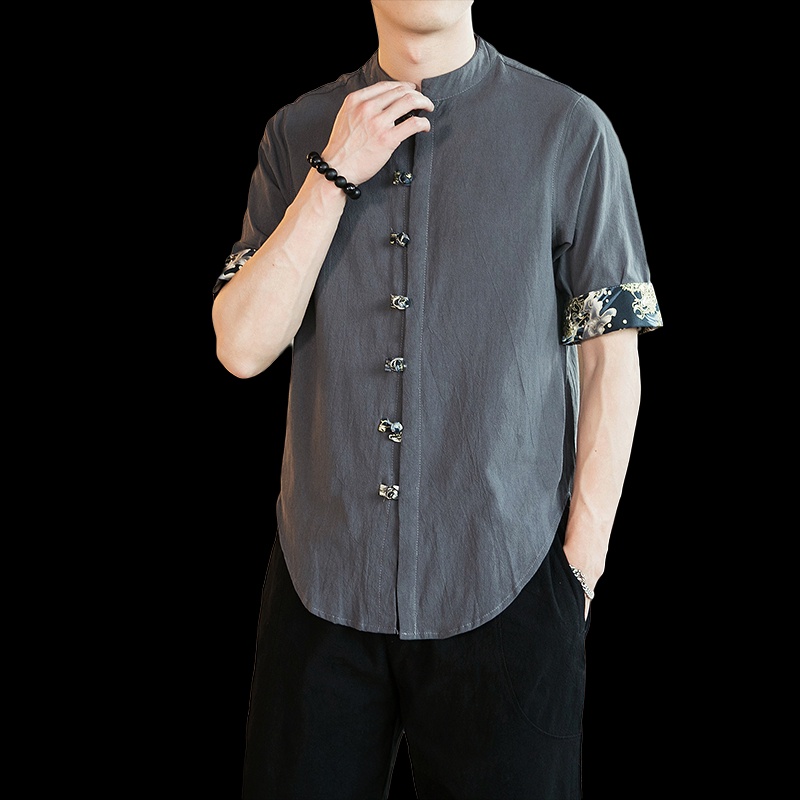 Chinese Asbestos-linen Mid-sleeve Shirt with Disc Button and Coloured ...