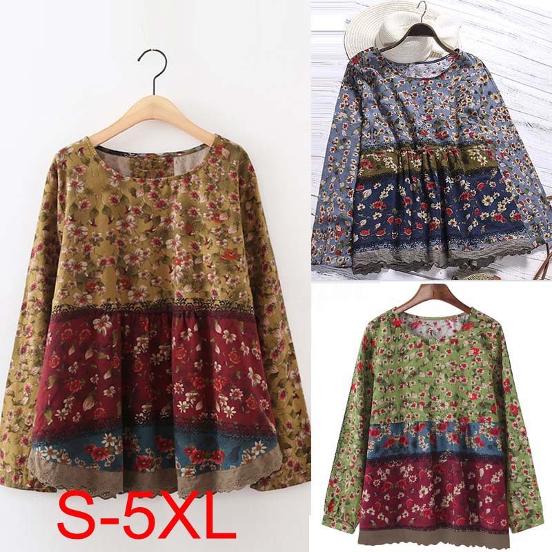 ZANZEA Flower Top Women O Neck Shirt Patchwork Floral Blouse ...