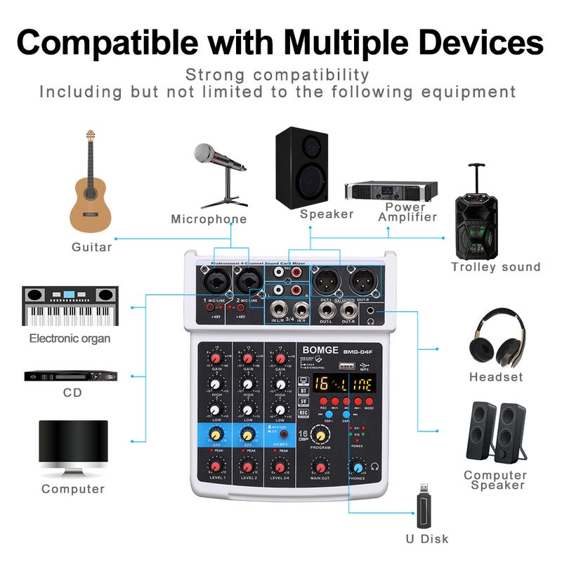 BOMGE-04F 4 channel dj audio sound mixer with MP3/USB Bluetooth, /stereo record/48V /16 DSP Echo ...