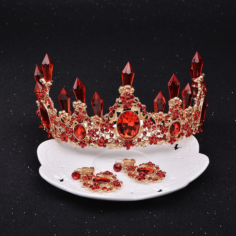 3Pcs Wedding Large Baroque Chinese Red Princess Bride Rhinestone Crown ...