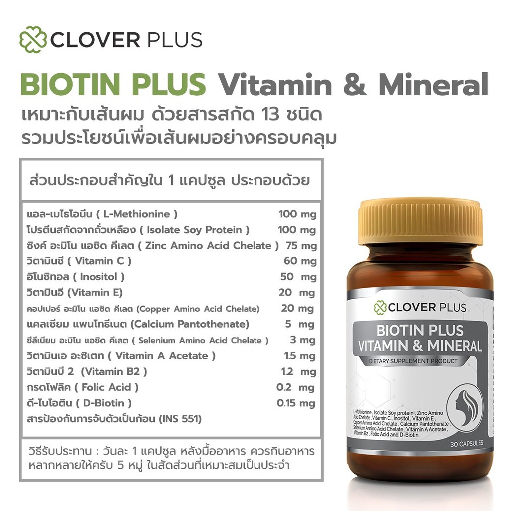 Clover Plus Biotin Plus Vitamin Mineral ไบโอติน พลัส วิตามินและแร่ธาตุ ...