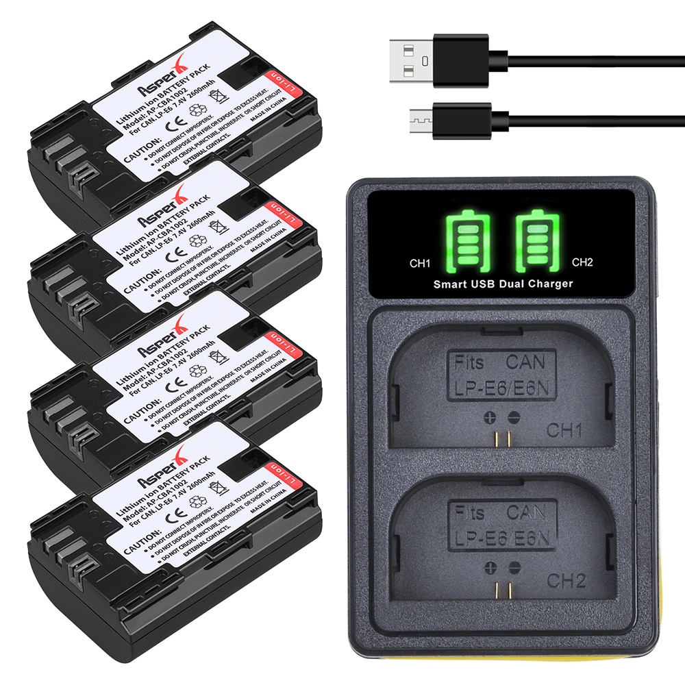 4Pc LP-E6N LP E6 LP-E6 Battery Bateria LED USB Dual Charger For Canon EOS 5D Mark II III 50D 6D ...