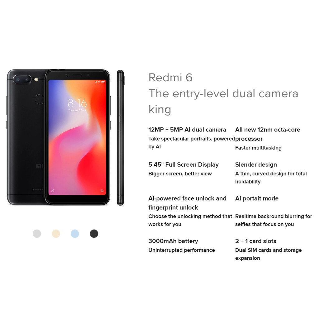 Xiaomi Redmi 6 แรม 3 สแกนใบหน้า Fingerprint 32GB 4G LTE + micro SD ...