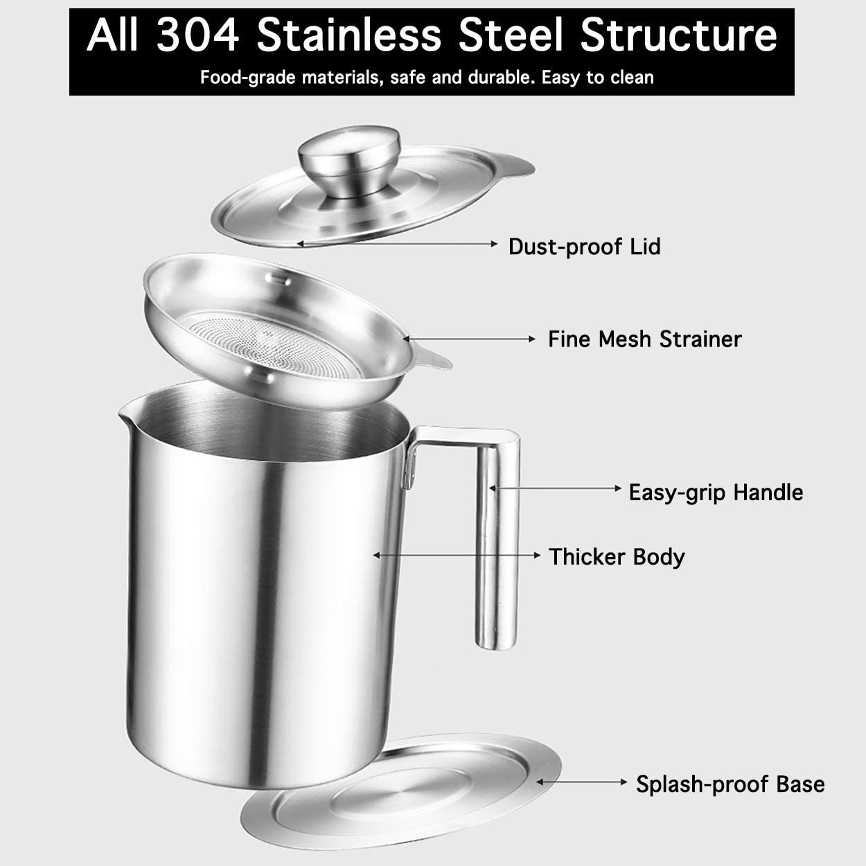 All 304 Stainless Steel Grease Strainer and Container-1.5L Quart Large ...