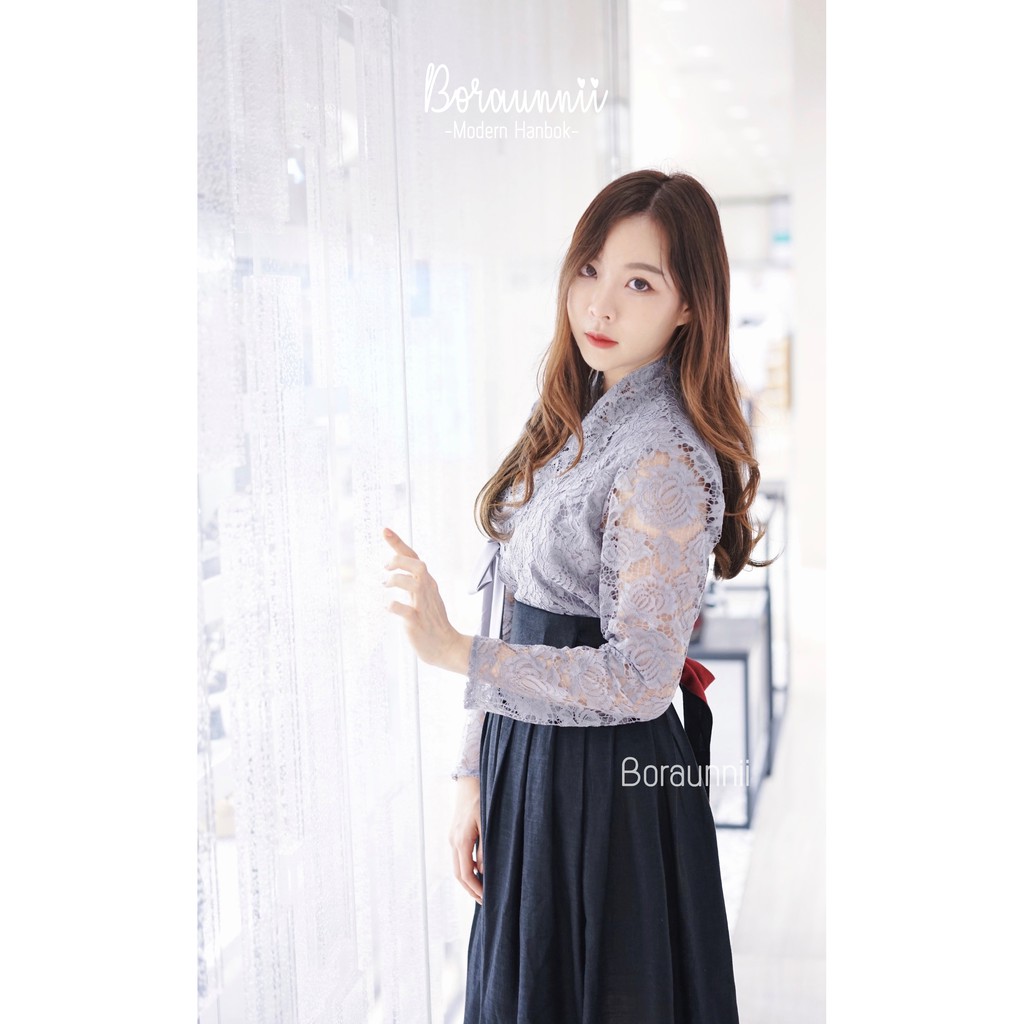 Boraunnii ฮันบกประยุกต์ รุ่น Lacy lady Grey เสื้อลูกไม้ พร้อมส่ง เกรดพร ...